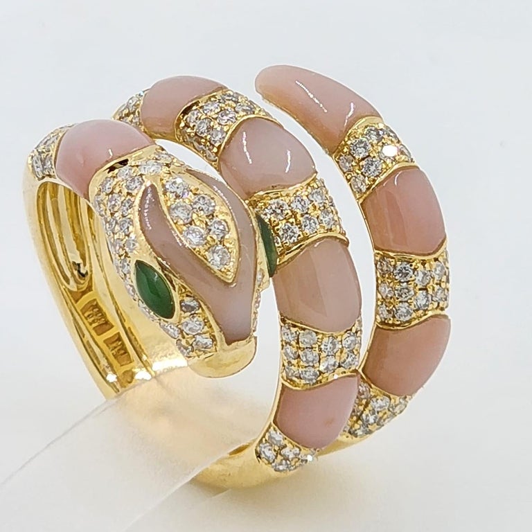 Pink Opal Snake Diamond Ring in 18 Karat Yellow Gold For Sale at 1stDibs