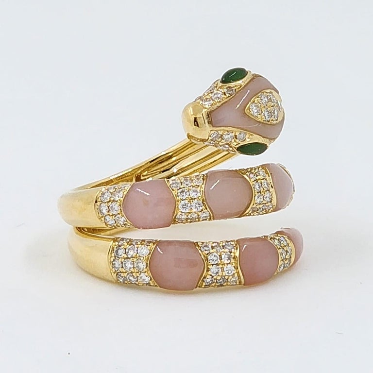 Pink Opal Snake Diamond Ring in 18 Karat Yellow Gold For Sale at 1stDibs