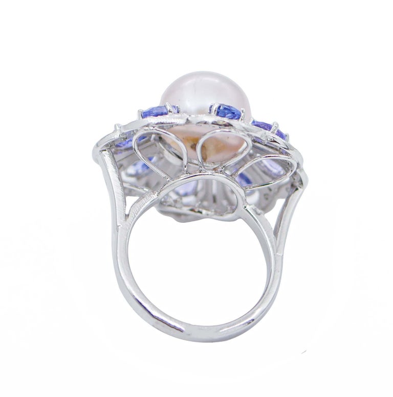 Pink Pearl, Tanzanite, Diamonds, Platinum and 14 Karat White Gold Ring ...