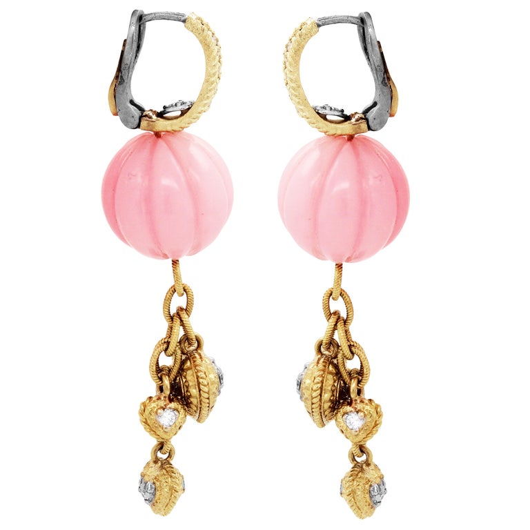 Pink Peruvian Opal Gold and Diamond Drop Earrings with Dangling Hearts ...
