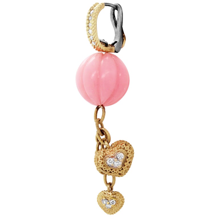 Pink Peruvian Opal Gold and Diamond Drop Earrings with Dangling Hearts ...