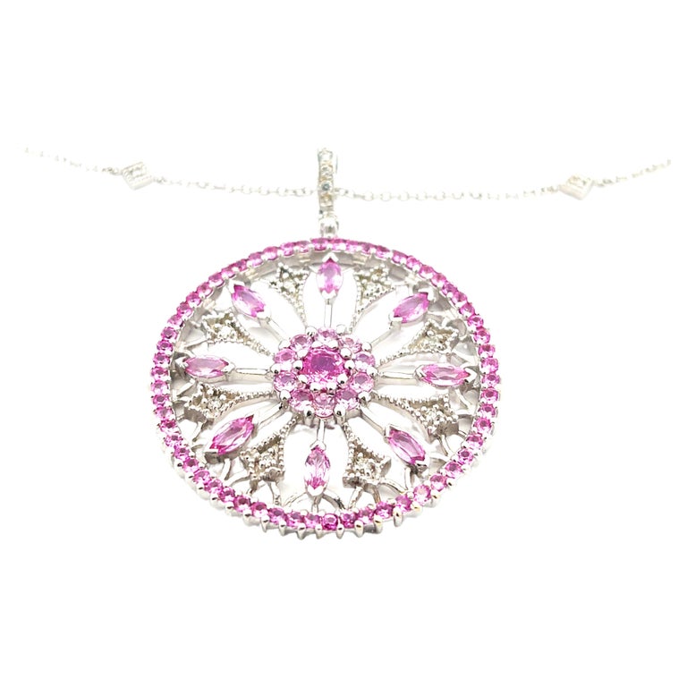 Pink Sapphire and Diamond Circle Pendant and Chain in 14k White Gold ...