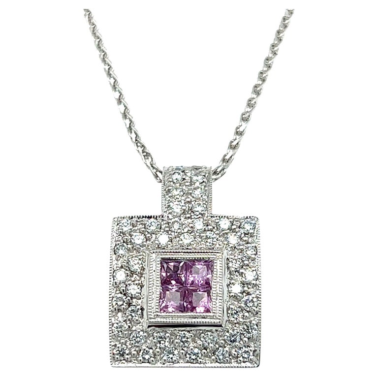 Pink Sapphire and Diamond Square Pendant Necklace in 18K Gold For Sale ...