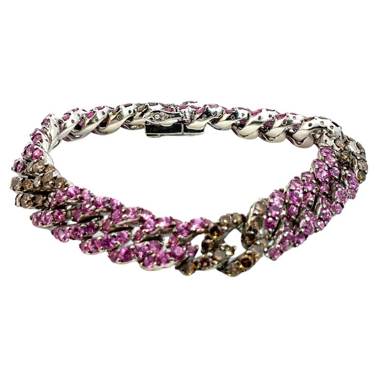 Pink Sapphire and Brown Diamond Curb Link Bracelet in 18 Karat White ...