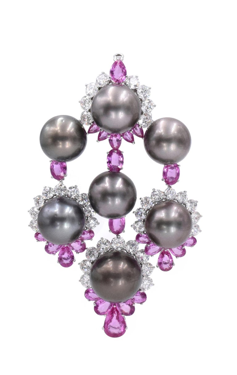 Pink Sapphire, Diamond, and Cultured Grey Pearl Pendant and Earrings ...