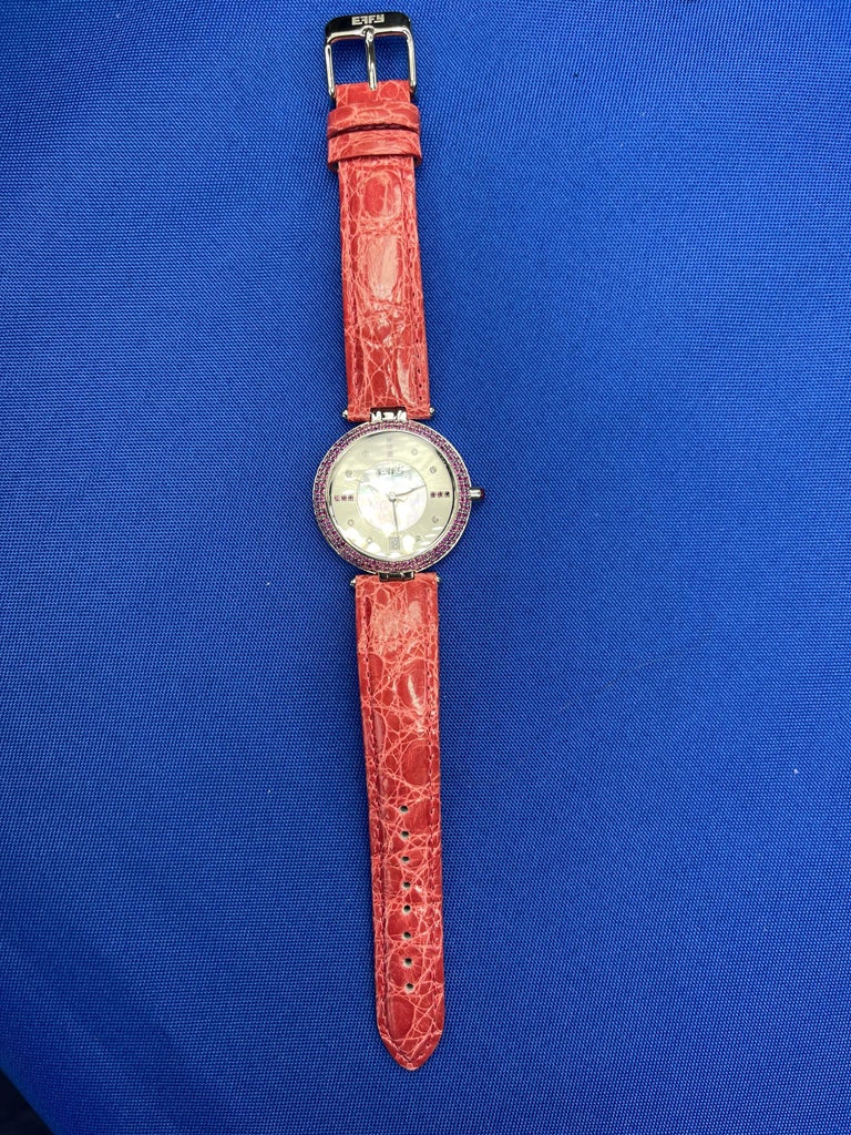 Pink Sapphire and Diamond Pave Dial Luxury Swiss Quartz Exotic Leather ...