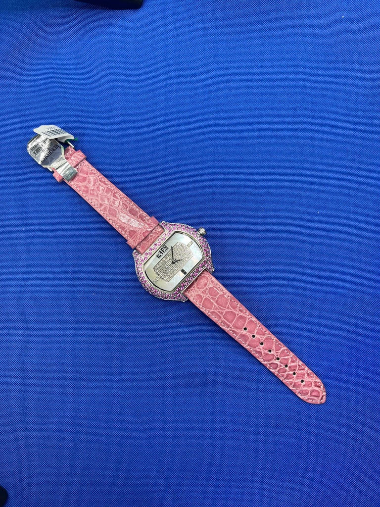 Pink Sapphire and Diamonds Pave Dial Luxury Swiss Quartz Exotic Leather ...