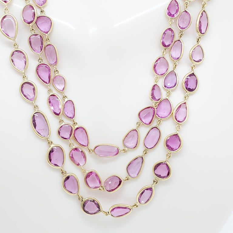 Pink Sapphire Multi Shape 3 Row Necklace in 18k Yellow Gold For Sale at ...