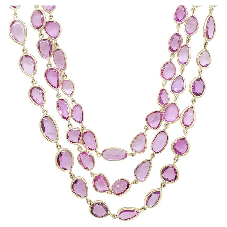 Pink Sapphire Multi Shape 3 Row Necklace in 18k Yellow Gold For Sale at ...