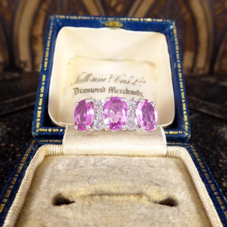 Pink Sapphire Three Stone Ring with Diamond Spacers in 18ct White Gold ...