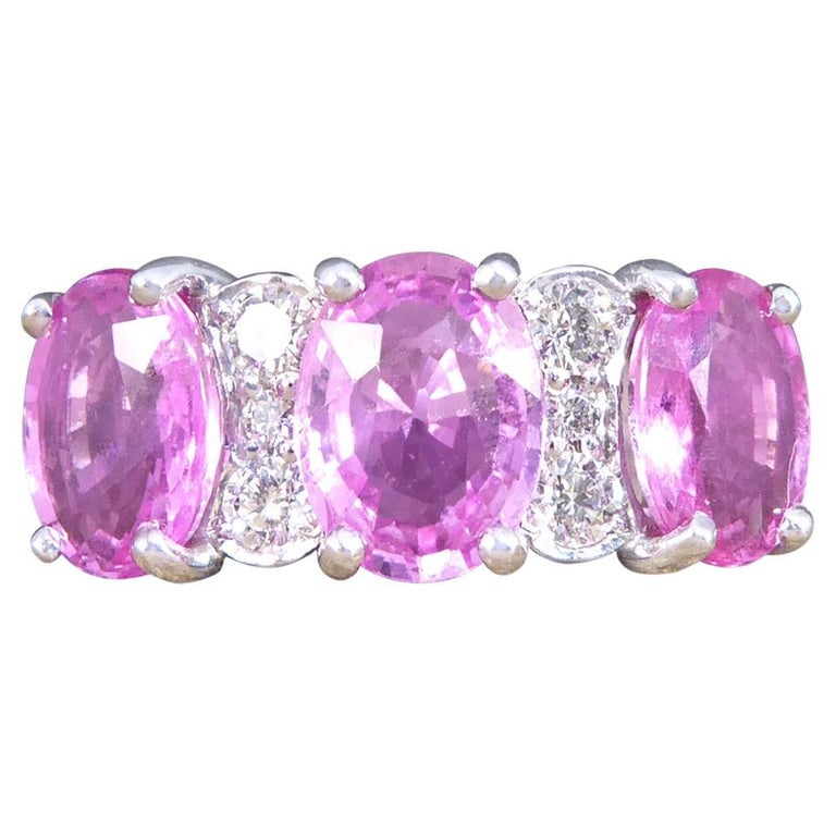 Pink Sapphire Three Stone Ring with Diamond Spacers in 18ct White Gold ...