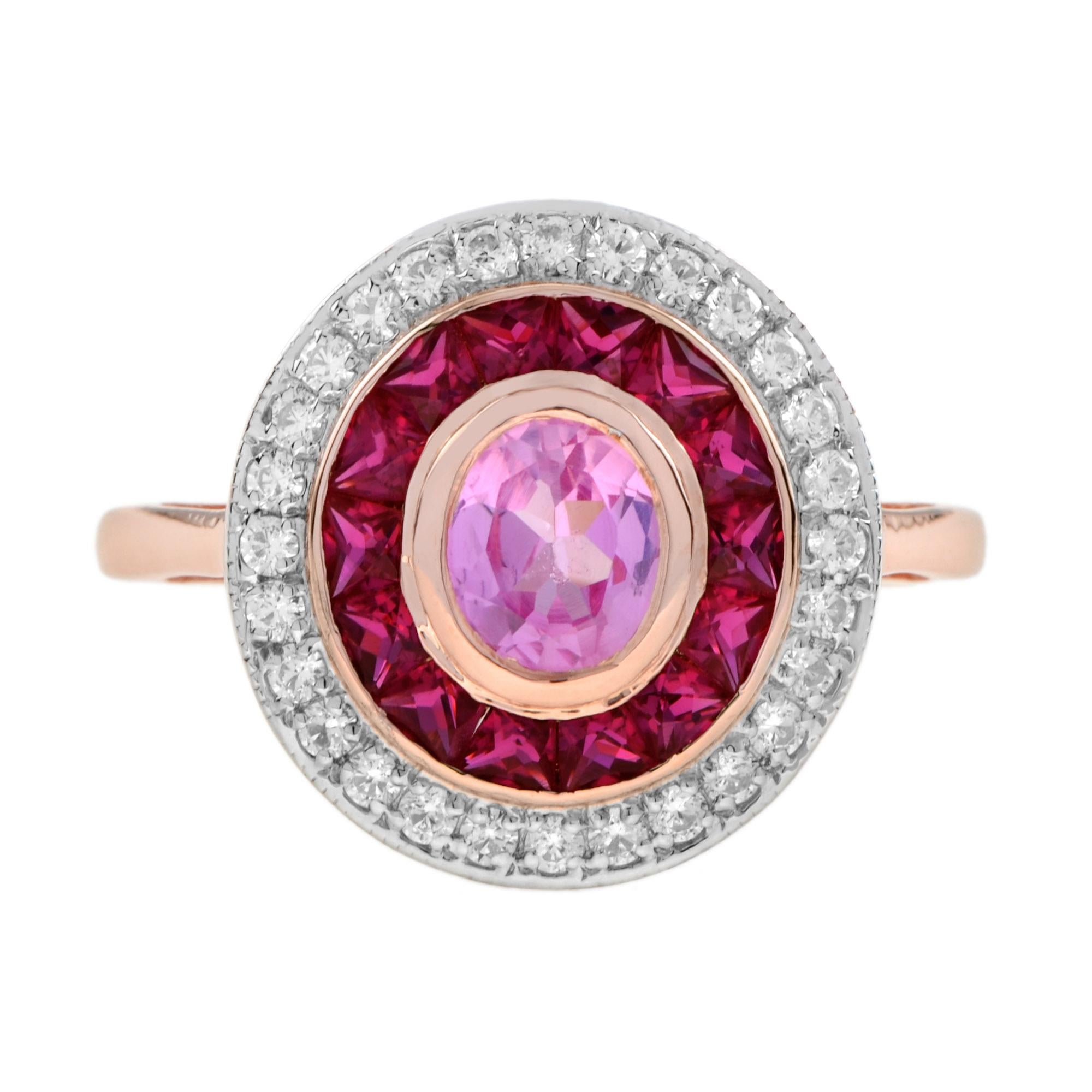Customizable Pink Sapphire with Ruby Diamond Art Deco Style Halo Ring ...