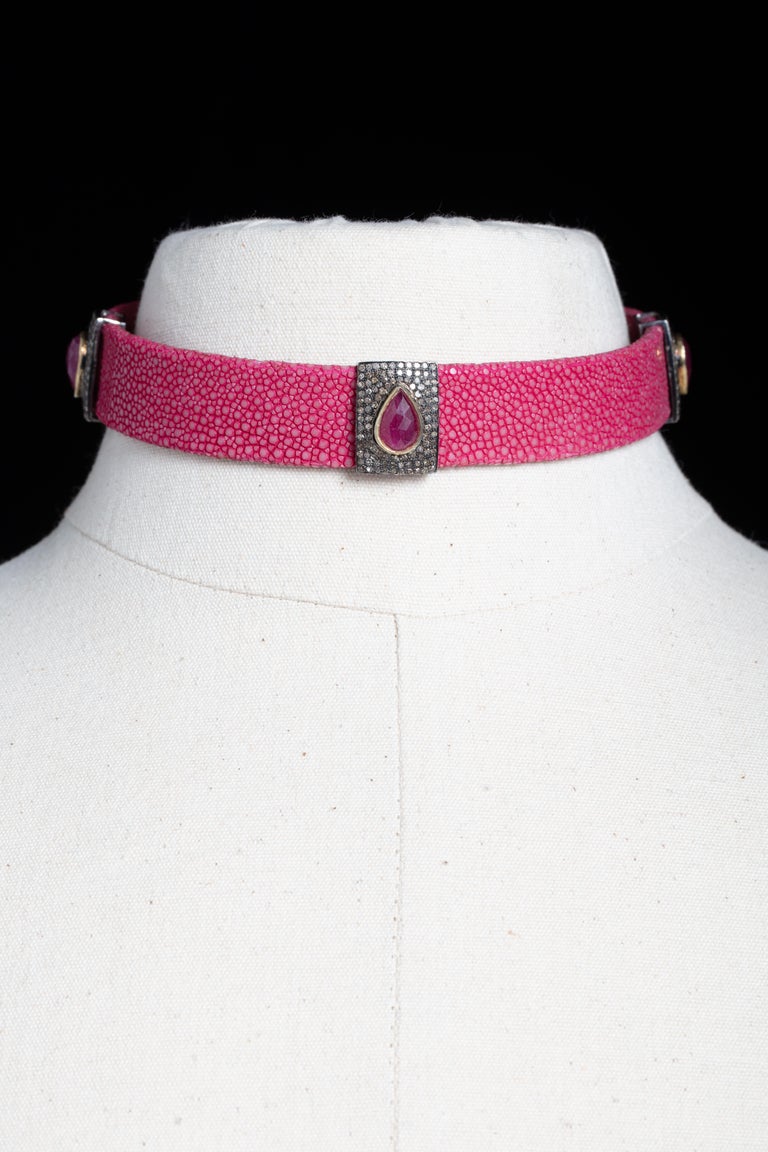 Pink Shagreen, Ruby and Diamond Choker with Sterling Buckle For Sale at ...