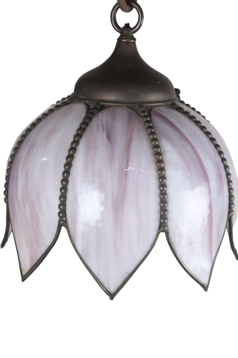 Pink Slag Glass and Brass Lotus Flower Pendant Light, 1950s at 1stDibs
