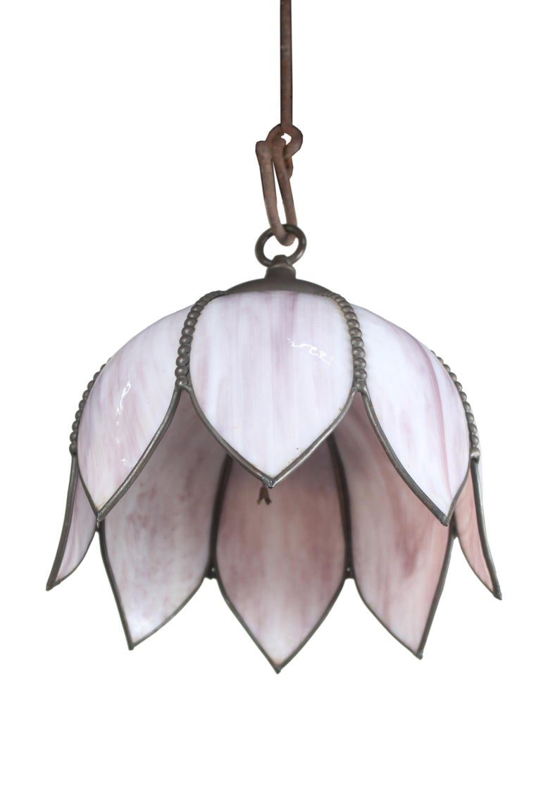 Pink Slag Glass and Brass Lotus Flower Pendant Light, 1950s at 1stDibs