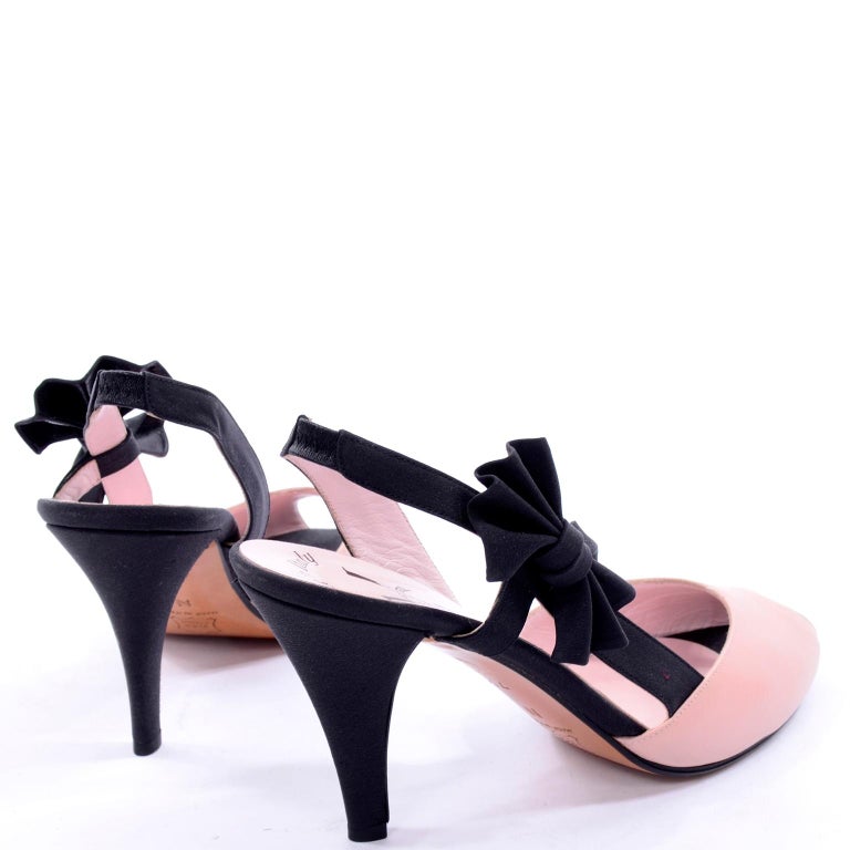 Pink Slingback Peep Toe YSL Shoes With Black Bows and 3.75 Inch Heels ...