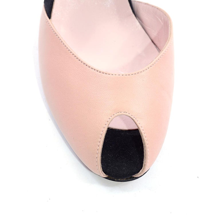 Pink Slingback Peep Toe YSL Shoes With Black Bows and 3.75 Inch Heels ...