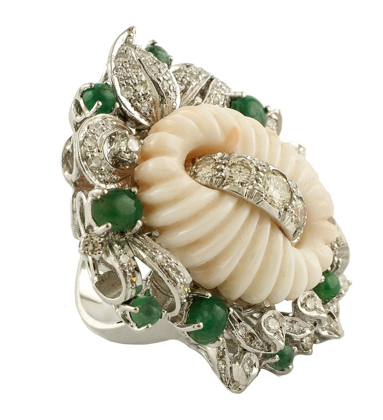 Engraved Pink Coral Flower Diamonds Emeralds White Gold Cocktail Ring ...