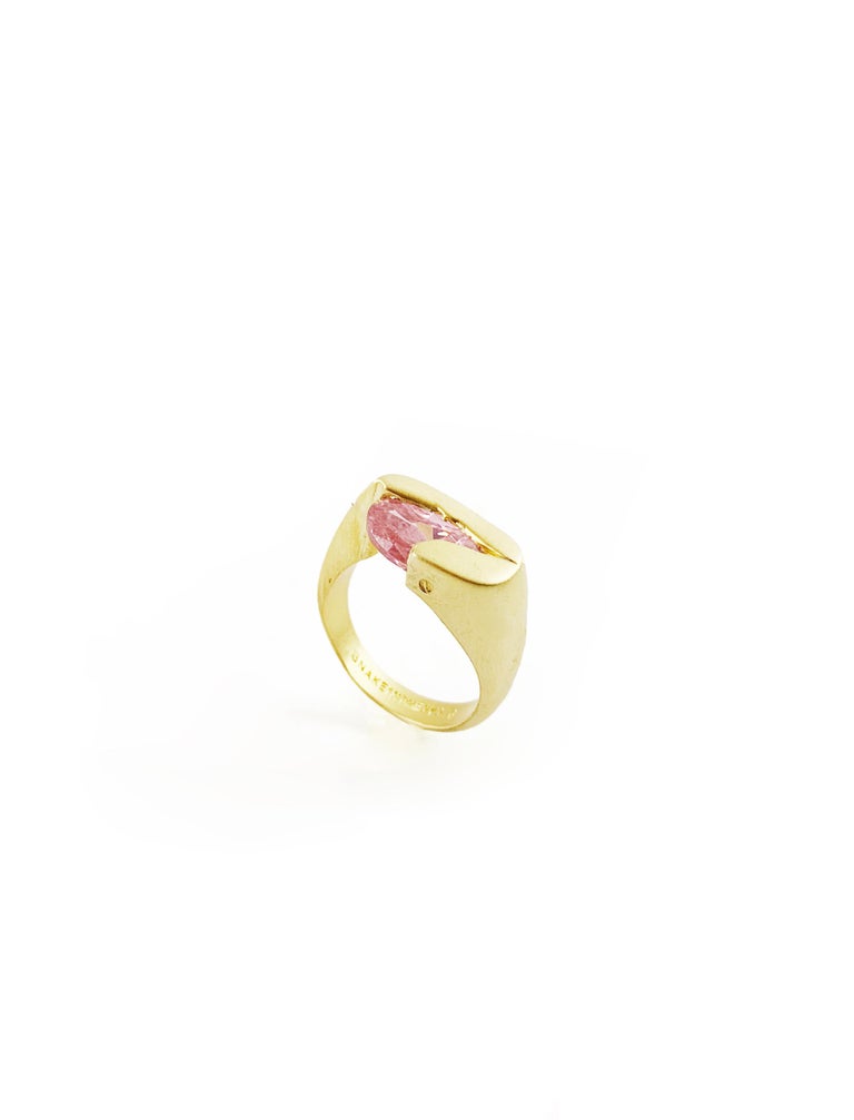 Pink Stone in Broken Brick - 14k gold pinky ring For Sale at 1stDibs