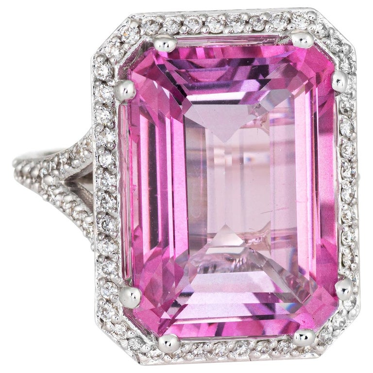 Pink Topaz Diamond Ring Large Square Cocktail Estate 18 Karat Gold Fine ...