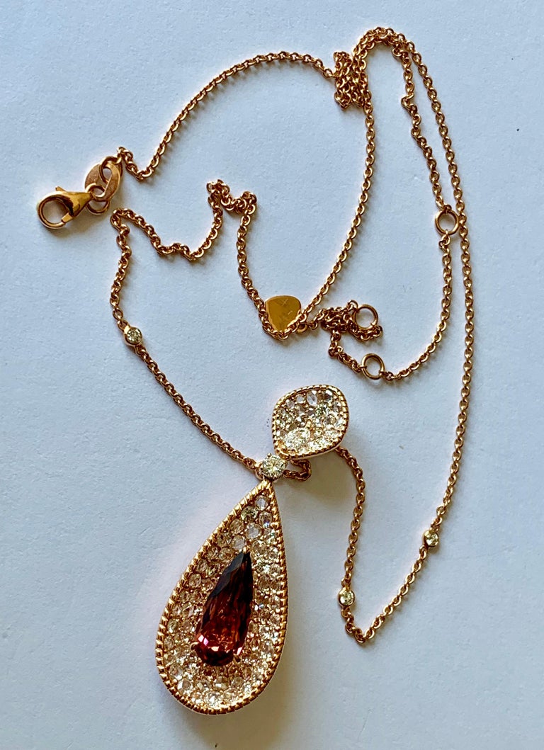 18 K Pink Tourmaline and Diamond Pendant with 18 K Pink Gold Chain For ...