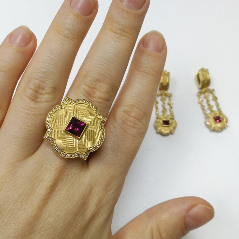 Customizable Pink Tourmaline Champagne Diamonds 18 Karat Yellow Gold ...