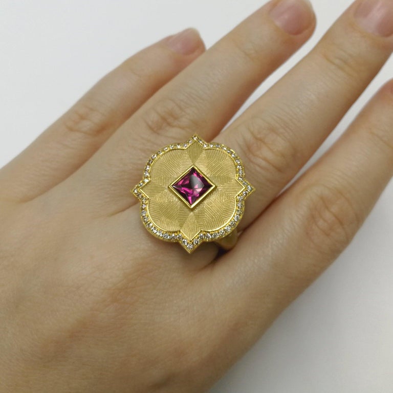 Customizable Pink Tourmaline Champagne Diamonds 18 Karat Yellow Gold ...