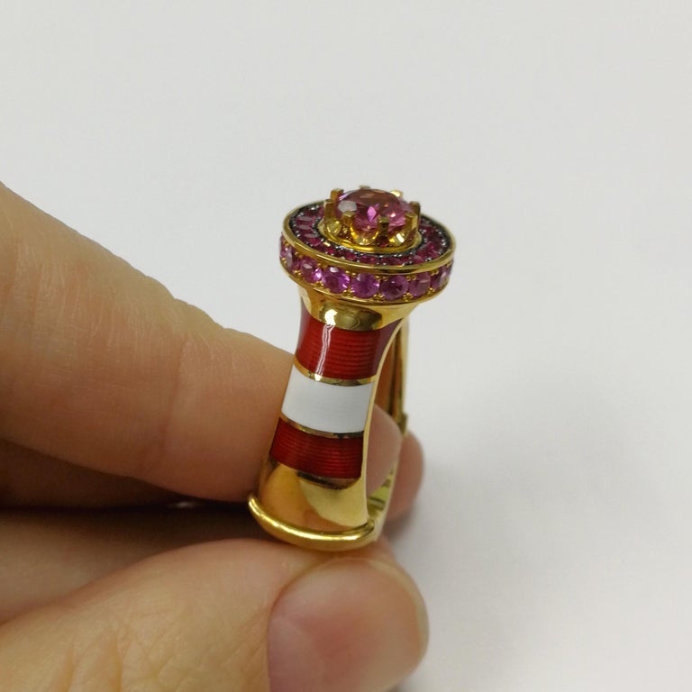 Pink Tourmaline Ruby Sapphire 18 Karat Yellow Gold Lighthouse Ring For ...