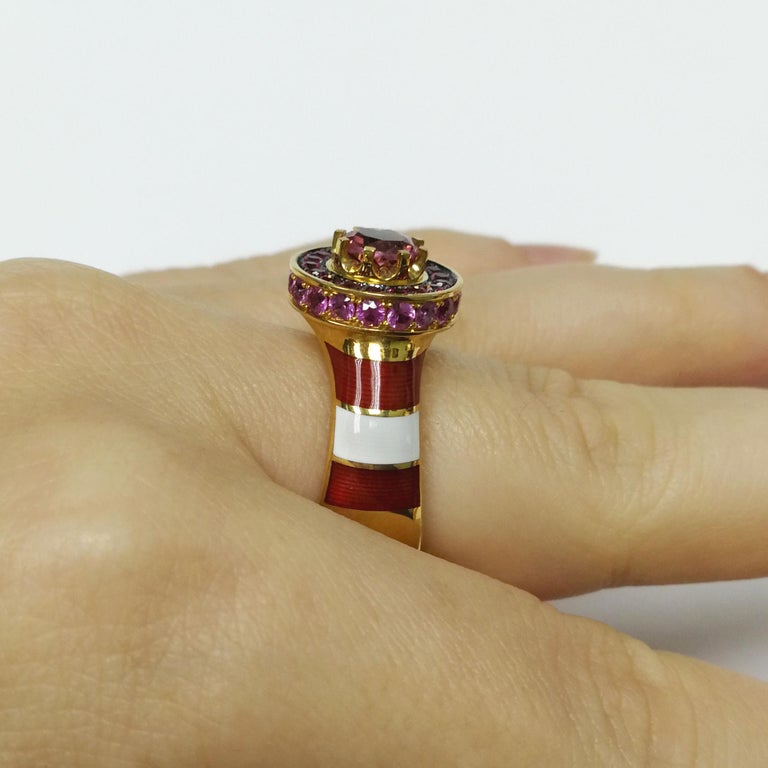 Pink Tourmaline Ruby Sapphire 18 Karat Yellow Gold Lighthouse Ring For ...