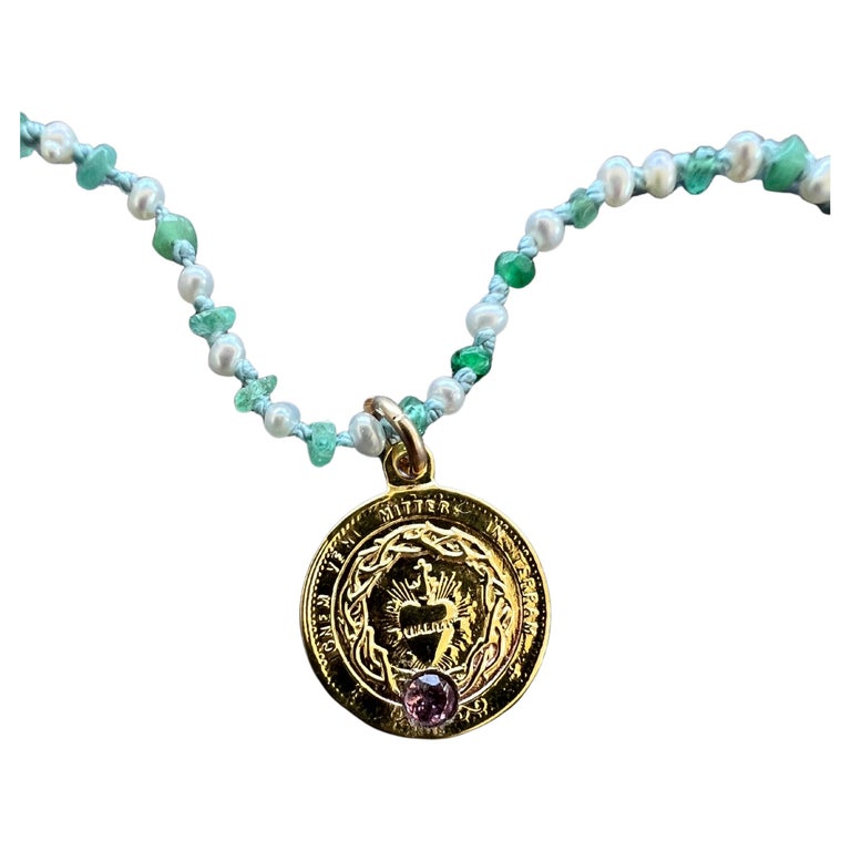 Pink Tourmaline Sacred Heart White Pearl Emerald Beaded Choker Necklace ...