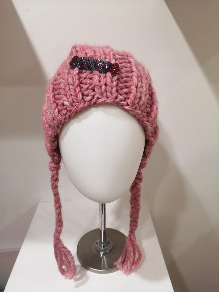 Pink wool candy brooch hat For Sale at 1stDibs
