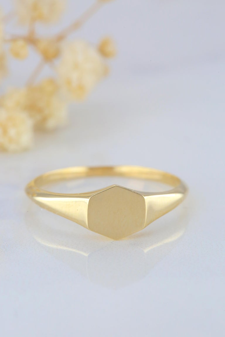 Customizable Pinky Signet Ring, 14K Gold Pinky Hexagon Signet Ring ...
