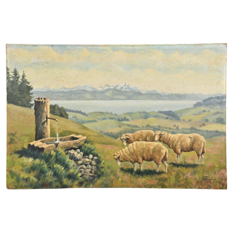 Pinting, Landscape with Sheep at the Well, 1948 1H100 For Sale at 1stDibs