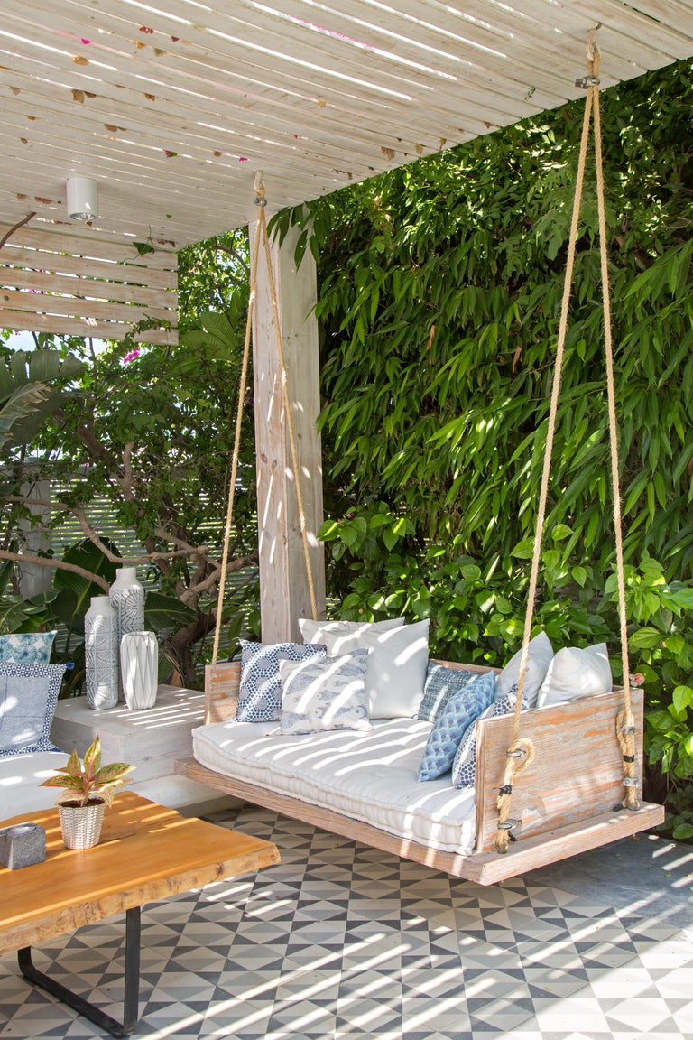 Pitch Pine Grey-Stained Outdoor Swing Sofa with Egyptian-Style ...