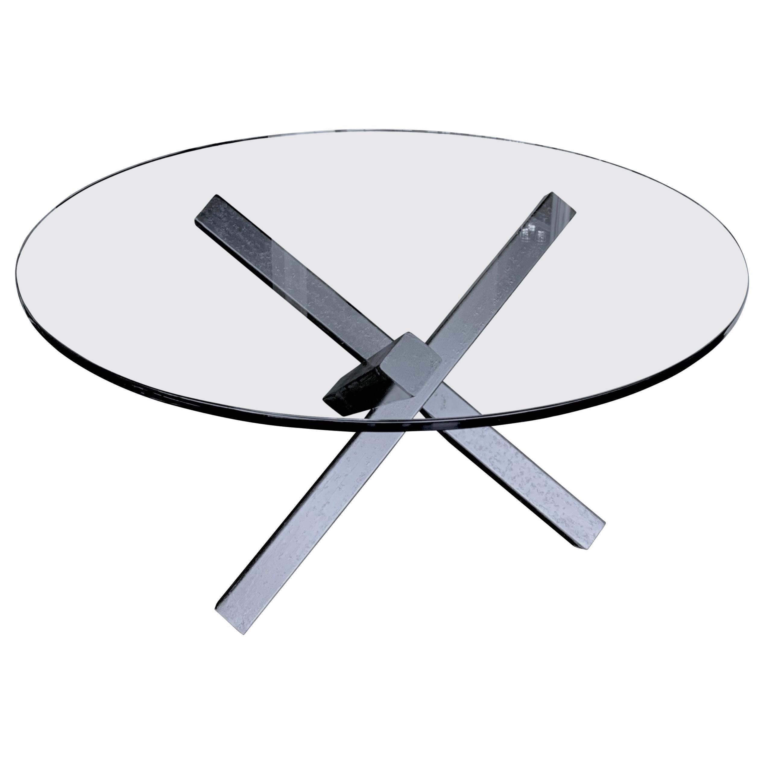 Pitted Steel Cross Beam Base Round Glass Top Dining Table, Contemporary ...