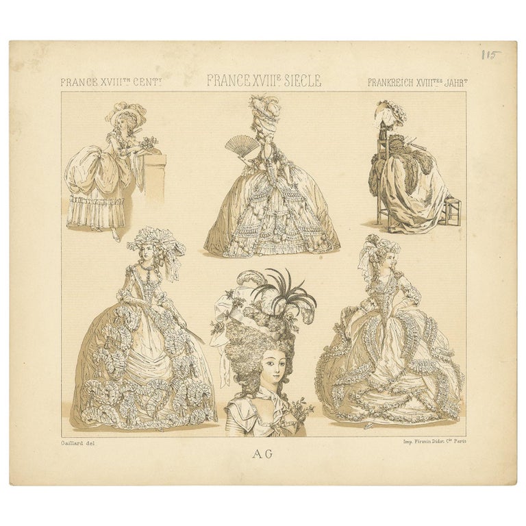 Pl 115 Antique Print of French 18th Century Dresses by Racinet, 'circa ...