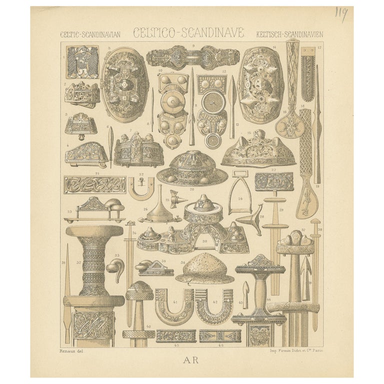 Pl. 119 Antique Print of Celtic-Scandinavian Objects of Racinet, 'circa ...
