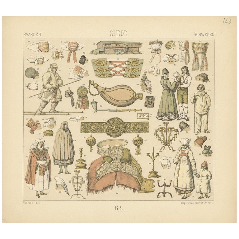 Pl. 123 Antique Print of Swedish Objects of Racinet, 'circa 1880' For ...