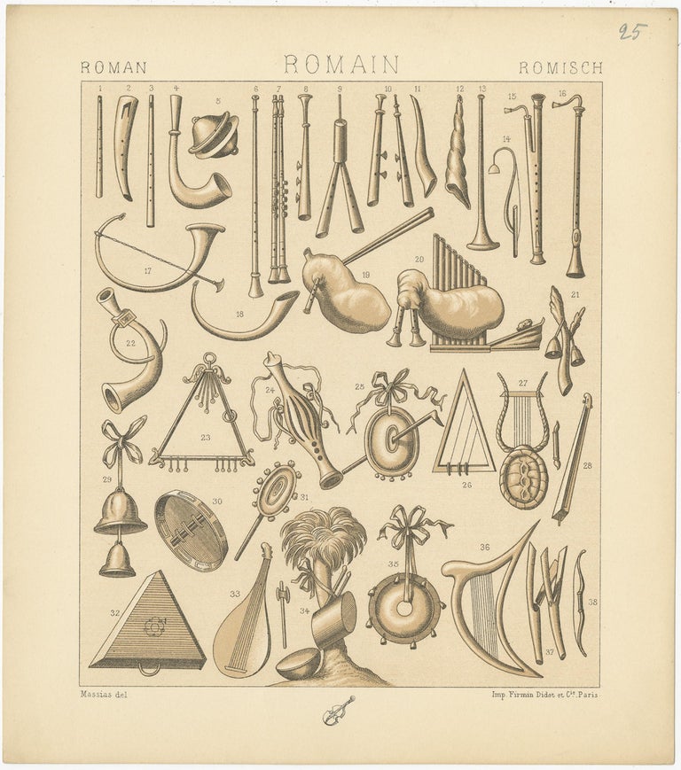 Pl. 25 Antique Print of Roman Music Instruments by Racinet, 'circa 1880 ...