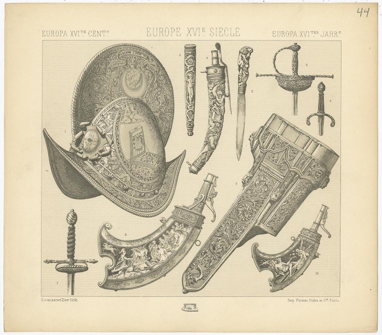 Pl 44 Antique Print of European 16th Century Armor and Weapons by ...