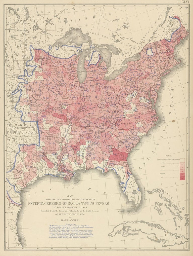 Antique Chart of the US Enteric, Cerebro-Spinal, Typhus Deaths, '1874 ...