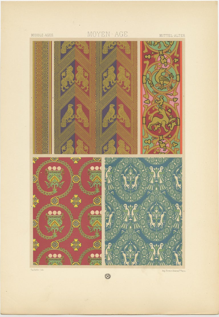 Pl. 53 Antique Print of Middle Ages Design from Textiles by Racinet ...