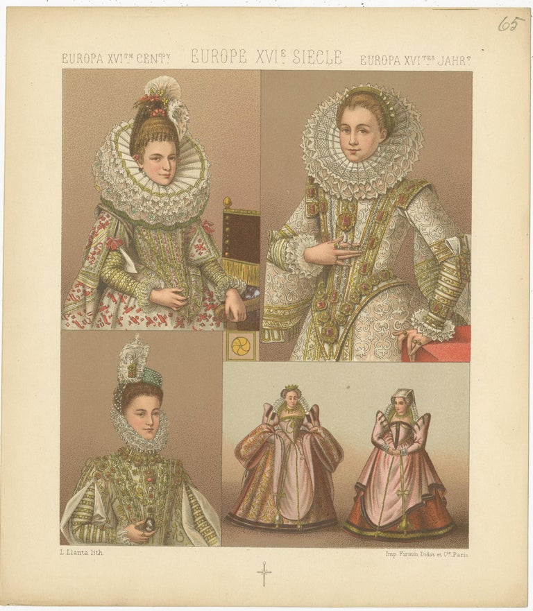 Pl. 65 Antique Print of European XVIth Century Costumes by Racinet ...