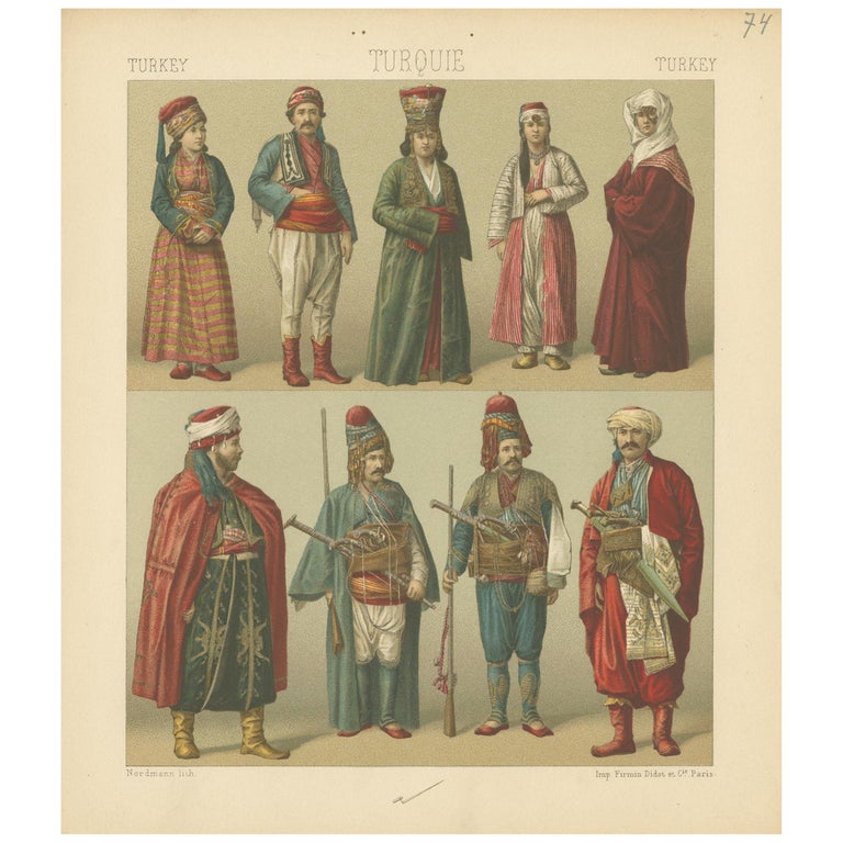 Pl. 74 Antique Print of Turkish Costumes by Racinet, 'circa 1880' For ...