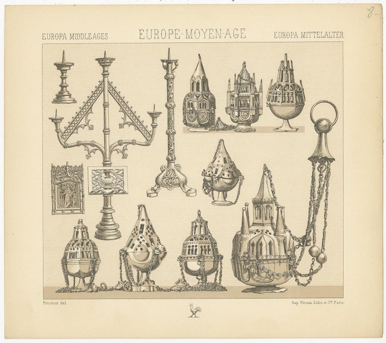 Pl. 8 Antique Print of European Decorative Objects by Racinet, circa ...