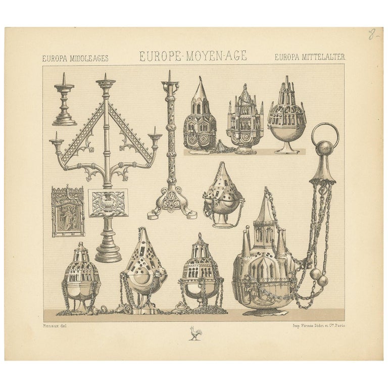 Pl. 8 Antique Print of European Decorative Objects by Racinet, circa ...
