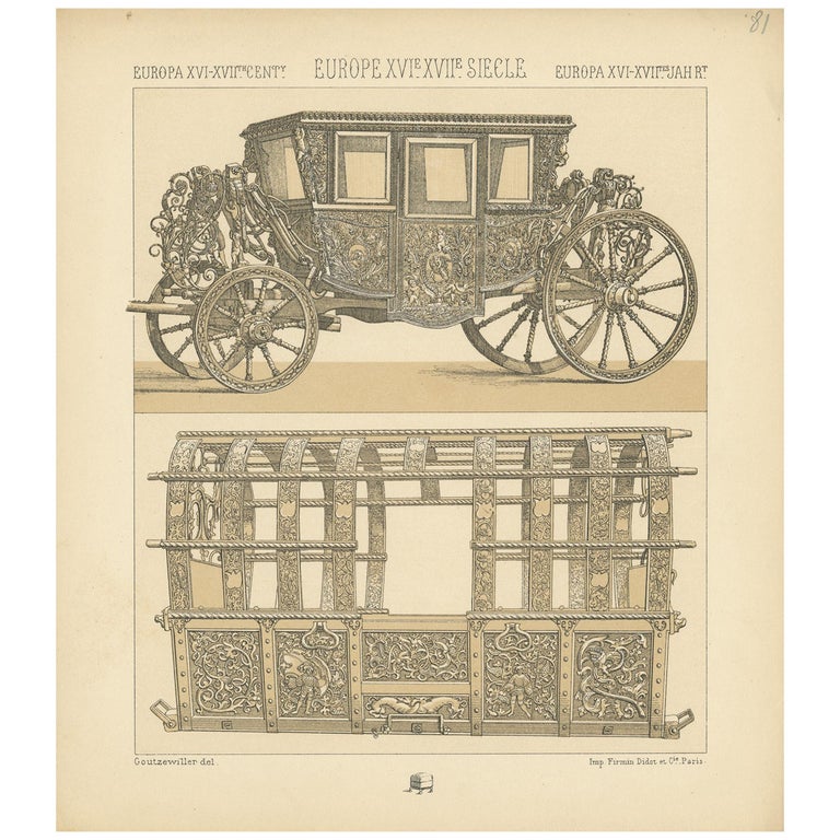 Pl. 81 Antique Print of European 16th-17th Century Carriage, Racinet ...