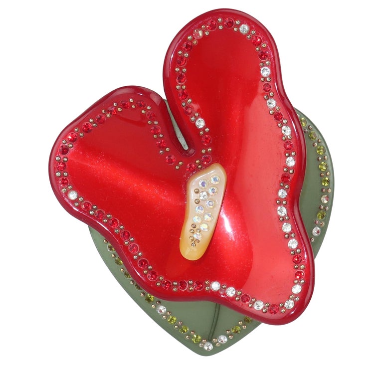 Plastic Tropical Flower Brooch With Rhinestones For Sale at 1stDibs