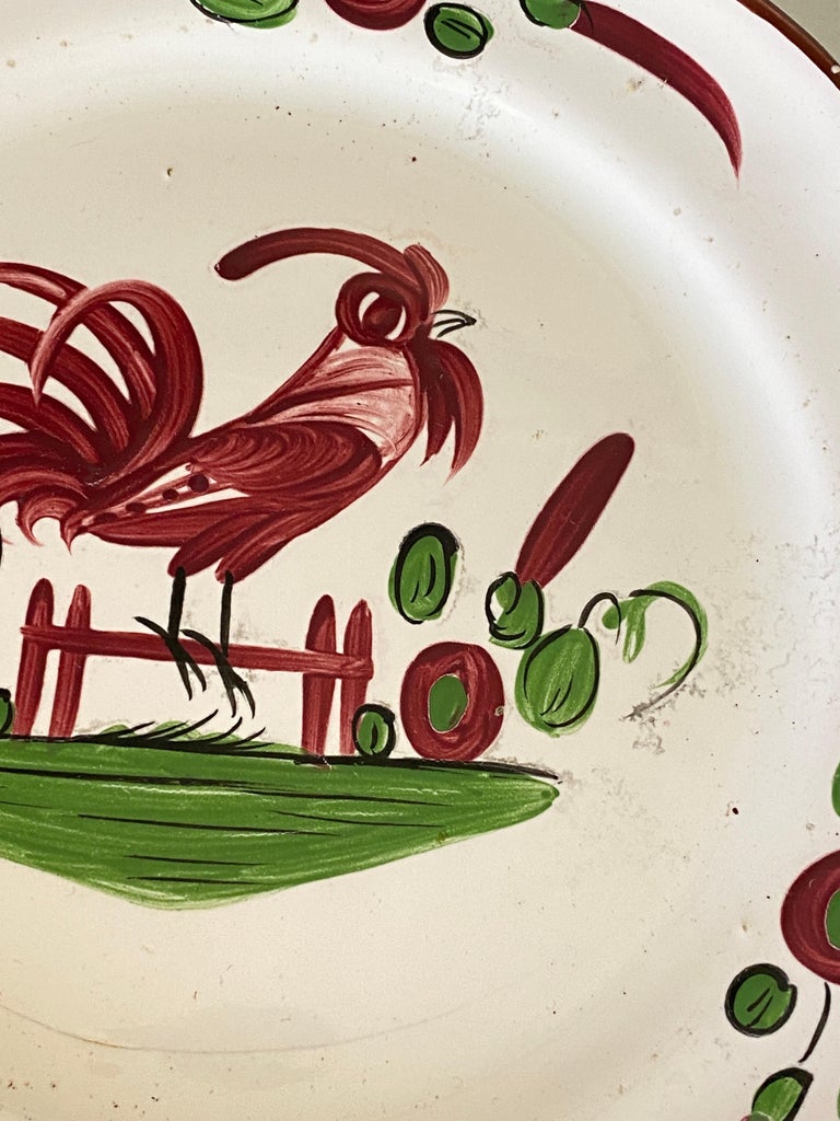 Plate in French Faïence, Red and Green Color, 19th Century, Rooster For ...