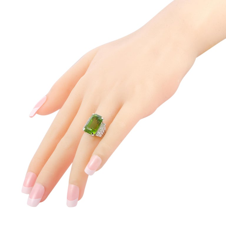Platinum 10 Diamonds and Rectangle Peridot Ring at 1stDibs
